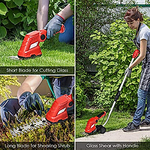 Goplus 7.2V Cordless Grass Shear + Hedge Trimmer w/ Wheeled Extension Pole and Rechargeable Battery