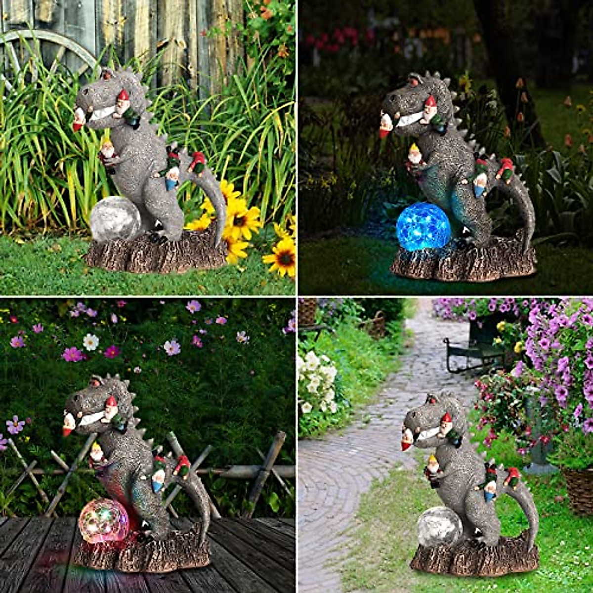 Solar Garden Statue Outdoor Decor Garden Dinosaur Eating Gnomes Figurine with LED Lights, Yard Art Ornaments for Fall Garden Sculptures & Statues for Outside Lawn Patio Yard Garden Birthday Gifts