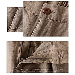 IXIMO Women's Tapered Pants 100% Linen Front Pleated with Button Closure Elastic Waist Trousers Dark Khaki Large