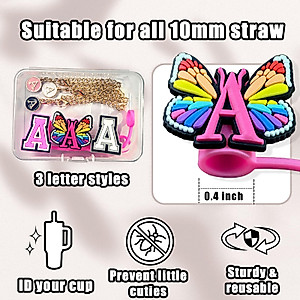 (3+3) 3PCS Straw Cover Cap for Stanley Cup 30&40 Oz Tumbler, Stanley Straw Topper Letter Straw Cover with 3PCS Letter Charm Chains Stanley Cup Accessories (Letter A)