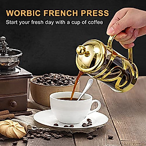 WORBIC French Press Coffee Maker, 3 Level Filtration System, Coffee Press with Heat Resistant Borosilicate Glass, 12oz Coffee French Press with Coffee Scoop w/Clip & 2 Extra Filters (Gold)