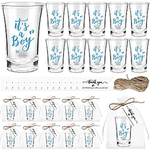 Pickmesh 50 Sets Baby Shower Favors Baby Boy Girl Theme Party Gift Include Short Glasses Acrylic Clear Shot Glasses Thank You Tag Organza Bag Twine Baby Shower Tea Party Favor for Gender Reveal (Boy)