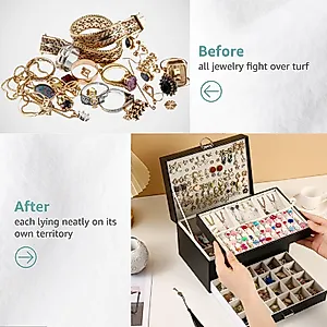 BOOVO Earring Jewelry Box For Women Girl Stud Organizer, 5 Layers Girl Jewelry Organizer Box With Lock Earring Holder Organizer Necklace Ring Jewelry Organizer Box For Girls (Black)