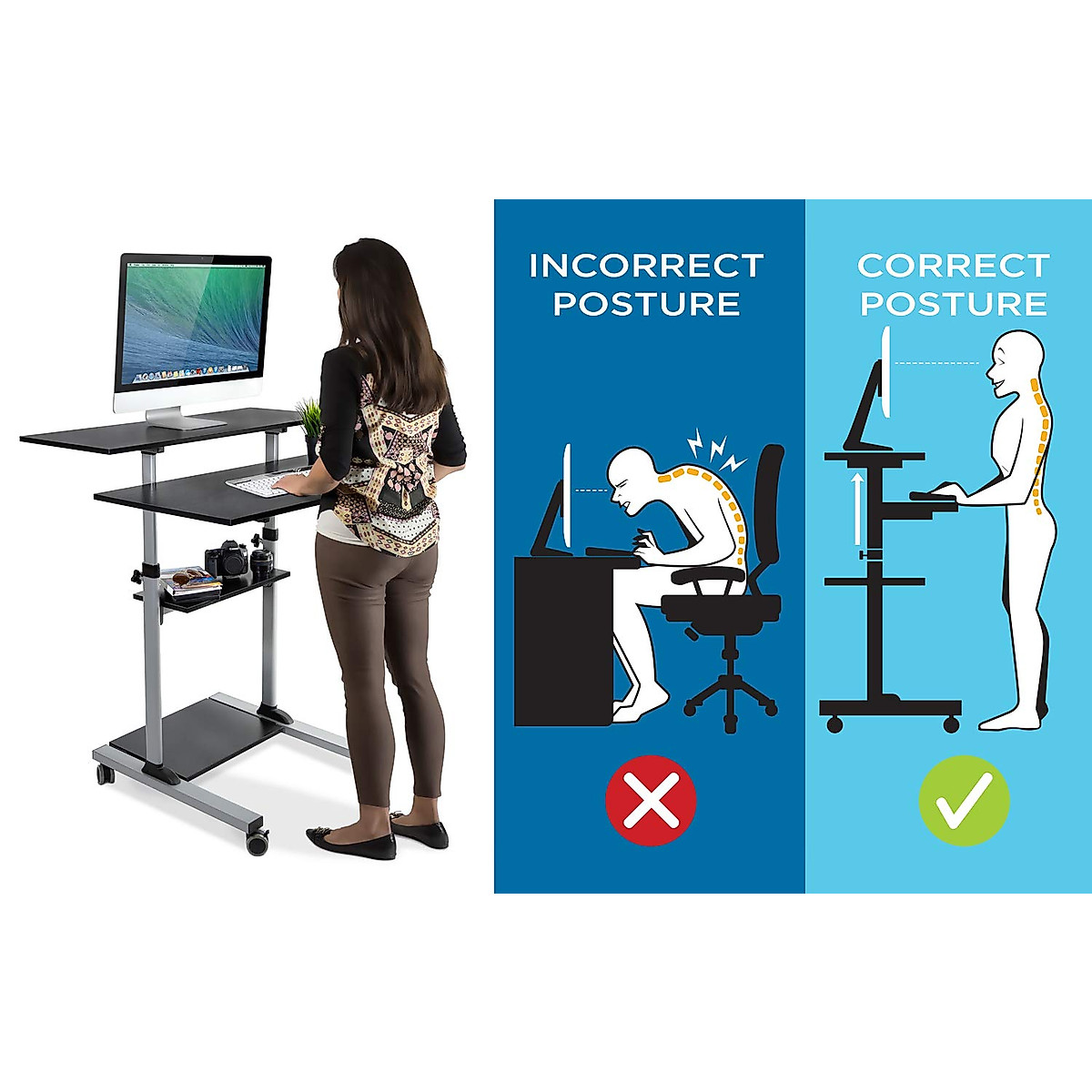 Mount-It! Mobile Standing Desk | Height Adjustable Rolling Desk with 40 Wide Table Tops | Multi-Purpose Rolling Presentation Cart with Four Platforms | (MI-7970)