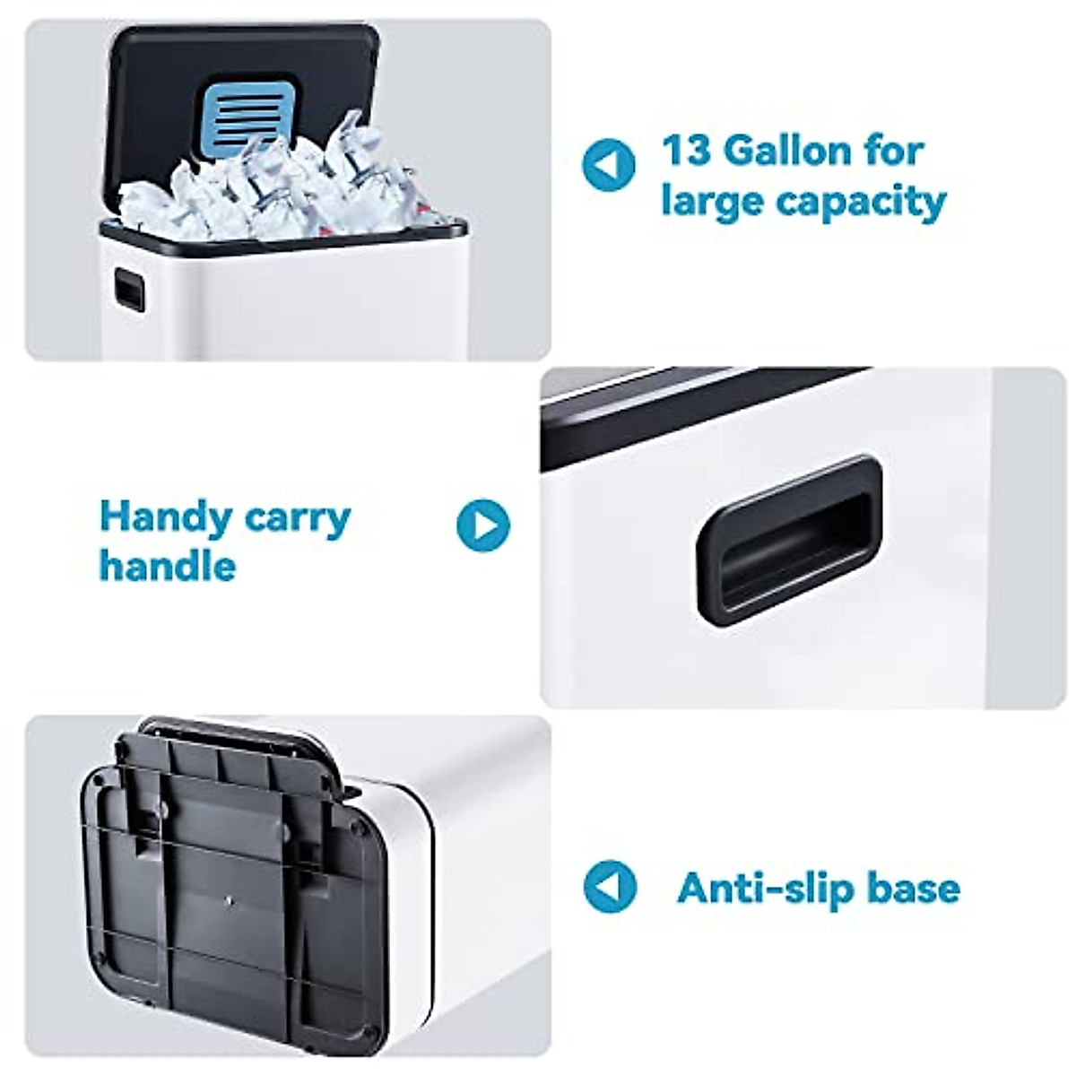 ELPHECO Kitchen Trash Can 13.2 Gallon Stainless Steel Garbage Bin with Soft Slow Lid, 50 Liter Pedal Trash Can, Durable Pedal, Removable Plastic Inner Bucket Waste Bin for Office, Kitchen, White