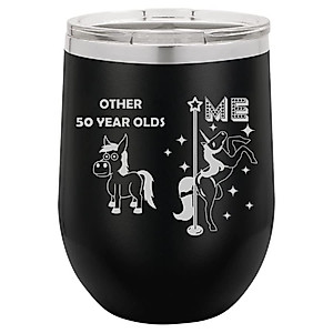 12 oz Double Wall Vacuum Insulated Stainless Steel Stemless Wine Tumbler Glass Coffee Travel Mug With Lid 50 Year Old Superstar Unicorn Funny 50th Birthday (Black)