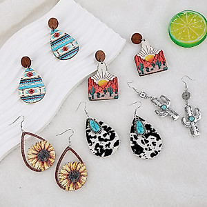 12 Pairs Western Earrings Set for Women Boho Cowgirl Vintage Turquoise Print Leather Wood Teardrop Dangle Bohemian Cowboy Earring Jewelry