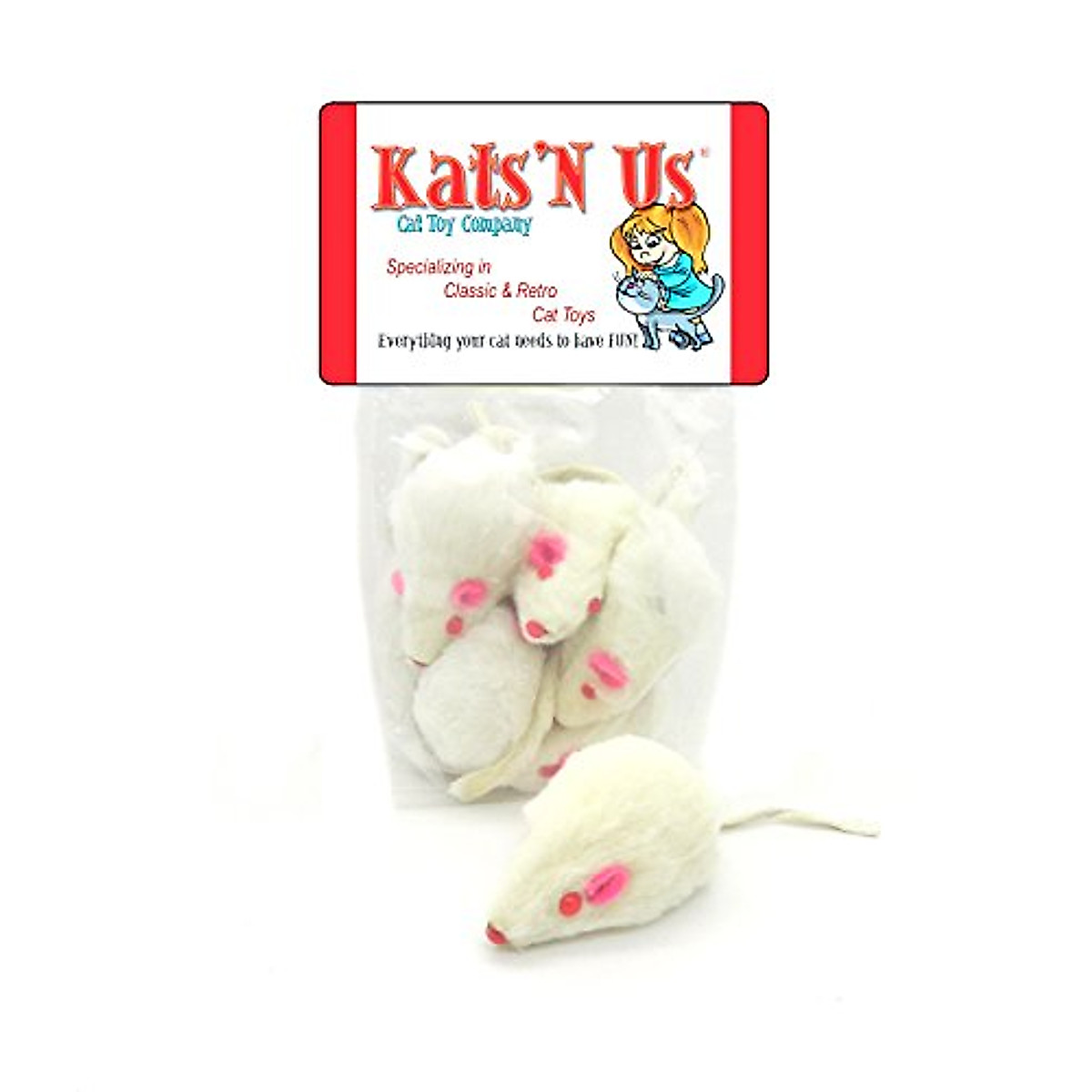 Kats'N Us Real Rabbit Fur White Mouse Cat Toy - 10 Pak - Rattle Sound
