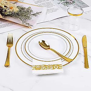 Gold Plastic Plates, MCIRCO 100 Pieces Disposable Party Plates for Weddings, Premium Gold Rim Plates, Include 50 10.25 Inch Dinner Plates and 50 7.5 Inch Dessert Appetizer Plates