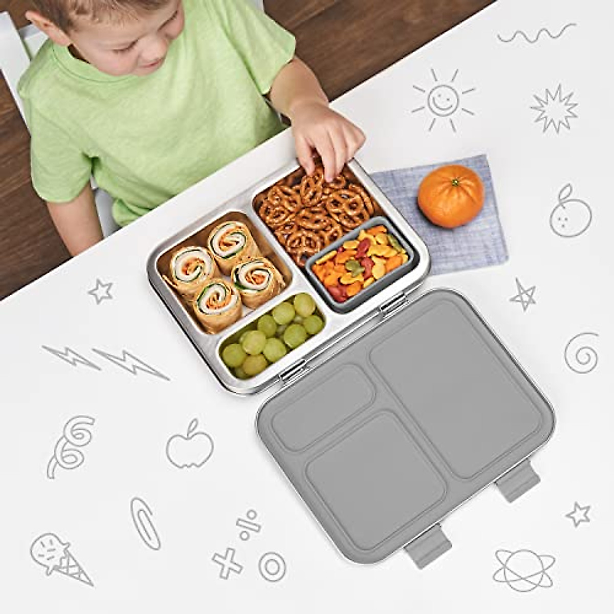 Bentgo® Kids Stainless Steel Leak-Resistant Lunch Box - Bento-Style Redesigned in 2022 w/Upgraded Latches, 3 Compartments, & Extra Container - Eco-Friendly, Dishwasher Safe, Patented Design (Silver)