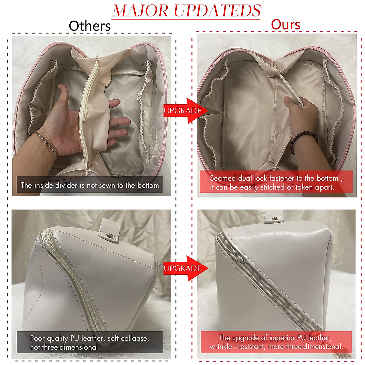 MINGRI Large Capacity Travel Cosmetic Bag for Women,Portable PU Leather Makeup Bag Water Resistant,Flat Open Multifunctional Storage Travel Toiletry Bag with Divider and Handle(White)