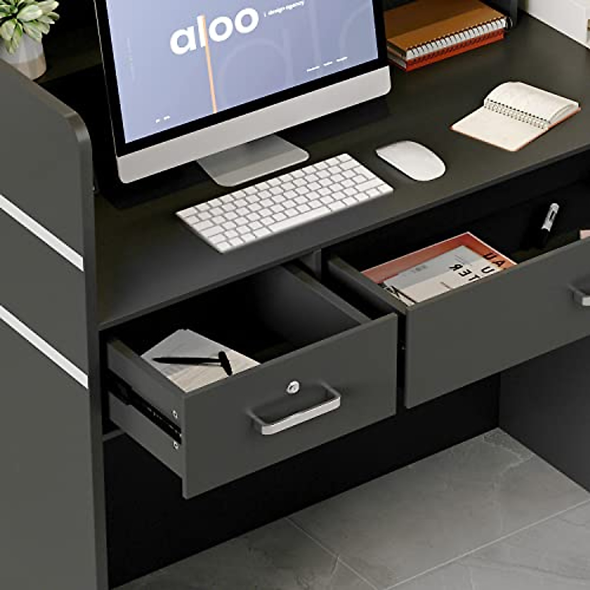 AIEGLE Reception Desk with Drawers & Storage Shelves, Reception Table with Private Panels, for Salon Reception Room Checkout Office, Black (47.3" L x 18.3" W x 43.3" H)