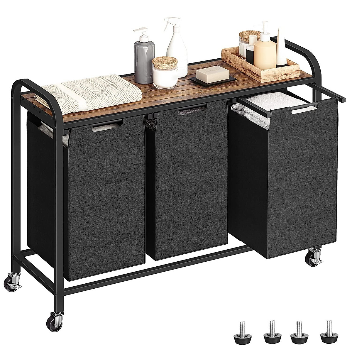 ALOFA Laundry-Hamper Basket with Shelf, Laundry Room Organization 3x46L Pull Out and Removable Bags with Letter Stickers, Metal Frame Made Laundry Sorter Classified Storage Black