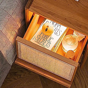 End Tables, Nightstand with Night Light, Side Table, Bedside Furniture, Boho Side Table with 2 Drawers, Cane Accent Bedside End Table with Solid Wood Legs, for Bedroom, Dorm and Small Spaces