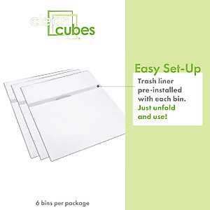 Clean Cubes 13 Gallon Disposable Trash Cans (6-Pack). Reusable Garbage and Recycling Bins for Parties, Events, and More (White - 17" Height x 13.5" Width x 10" Depth)
