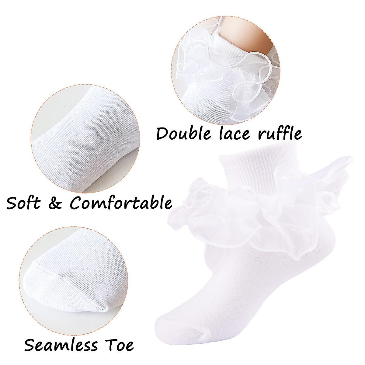 hakugoo Girls Ruffle Socks Shiny Double Big Lace Socks 3 Pairs Turn Cuff Socks Frilly Dress Socks White Pageant Socks for Toddler Kids Girls (White, 2-4 Years)