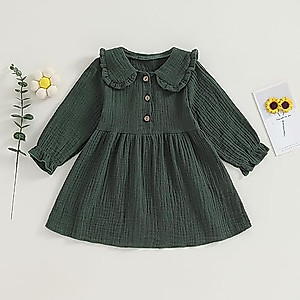 Mialoley Baby Girl Doll Collar Dress Long Sleeve Toddler Solid Color Ruffle A Line Spring Fall Casual Infant Sundress Button (Green, 18-24 Months)
