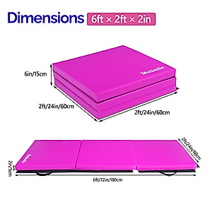 Matladin 6' Folding Tri-fold Gymnastics Gym Exercise Aerobics Mat, 6ft x 2ft x 2in PU Leather Tumbling Mats for Stretching Yoga Cheerleading Martial Arts (Purple)