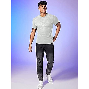 WDIRARA Men's See Through Short Sleeve Round Neck Sheer T Shirt Party Clubwear Top White M