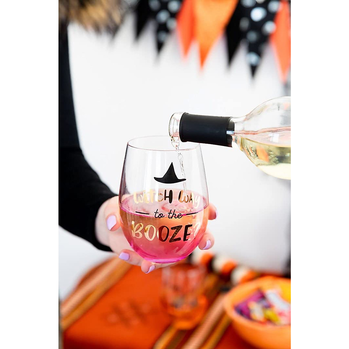 Pearhead Witch Way to the Booze Wine Glass, Fall Holiday Home Accessories, Halloween Stemless Wine Glass, 15 oz
