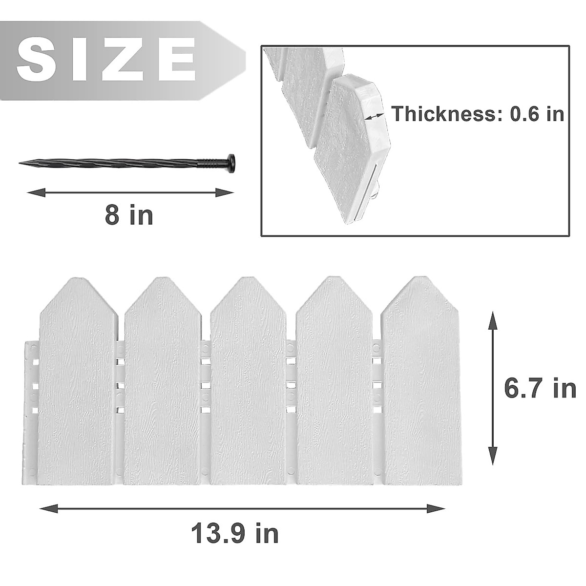 ARRYNTHEON Landscape Edging Kit 6.7 in Tall Decorative Double-Sided Wood-Look Fence Garden Border, Flower Bed Edging with 30 Anchoring Spikes, 13.9 Foot Kit (White)