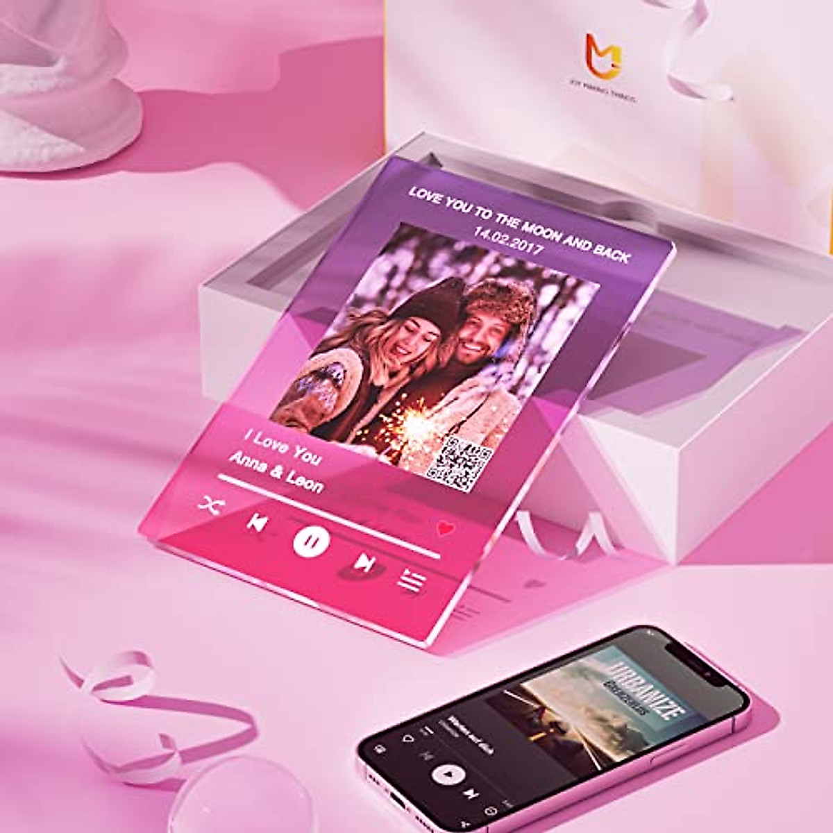 witfox Colorful Custom Spotify QR Code Plaque - Spotify Glass Art Personalized Acrylic Plaque with Video Any Song Music Link QR Code Customized Gifts for Couples