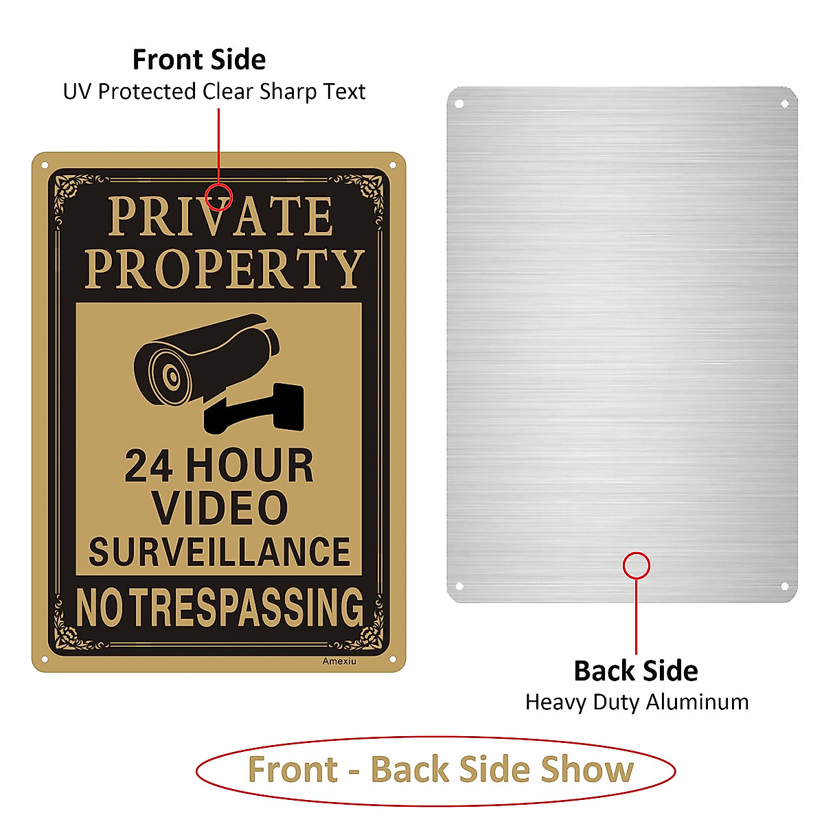 Amexiu Private Property No Trespassing 24 Hours CCTV Camera Video Surveillance Warning Sign | 10" x 7" Rust Free Aluminum Easy Mounting Fade Resistance, 2 Pack