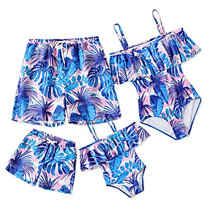 IFFEI Family Matching Swimsuits One Piece Off Shoulder Bathing Suits Floral Printed Ruffles Mommy and Me Swimwear Men: L