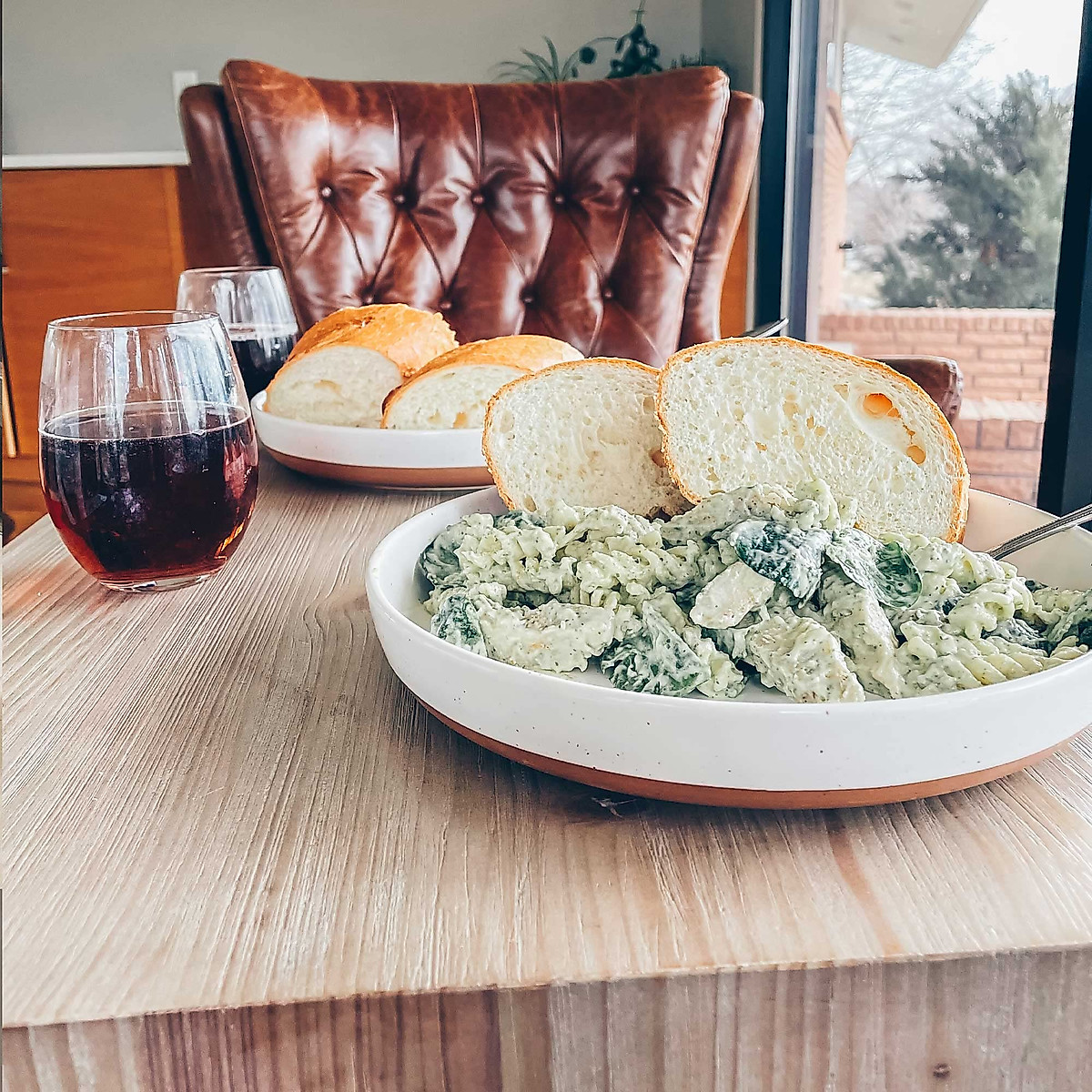 Mora Ceramic Flat Pasta Bowl Set of 4-35oz, Microwave Safe Plate with High Edge - Modern Porcelain Dinnerware for Kitchen and Eating, Large Wide Bowls/Plates for Serving Dinner, Salad, etc- Vanilla