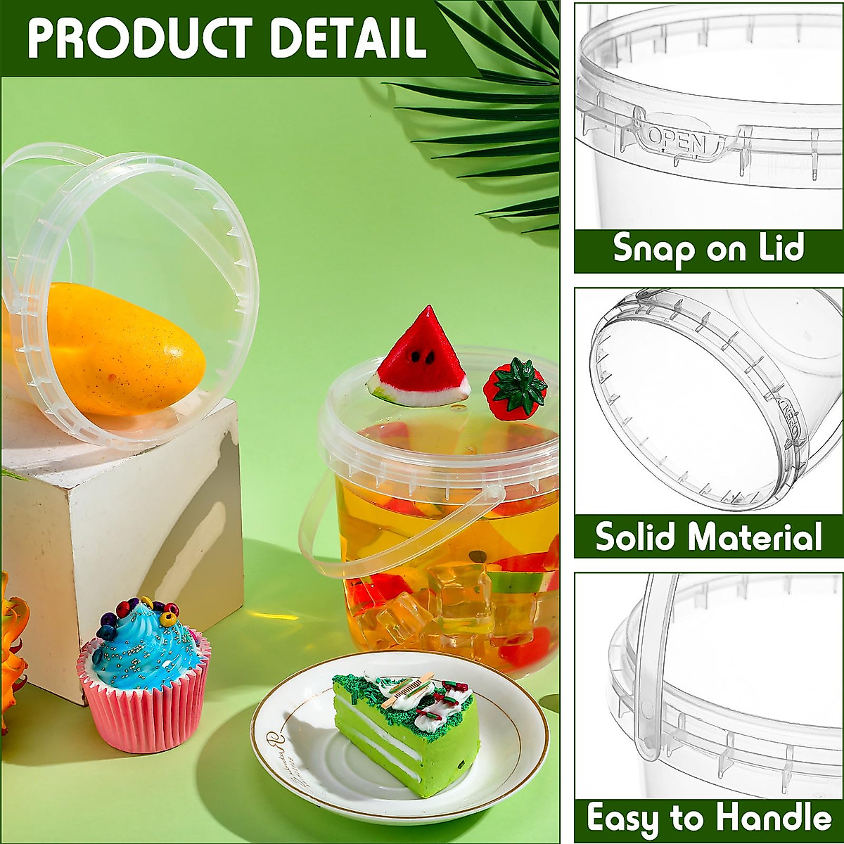 Mifoci 60 Pcs Food Clear Bucket Plastic Gallon Bucket Round Reusable Ice Cream Containers 32oz 16oz 8oz with Lids and Handles Airtight Clear Tub Freezer Reusable Pail for Kitchen Drinks Home, 3 Size