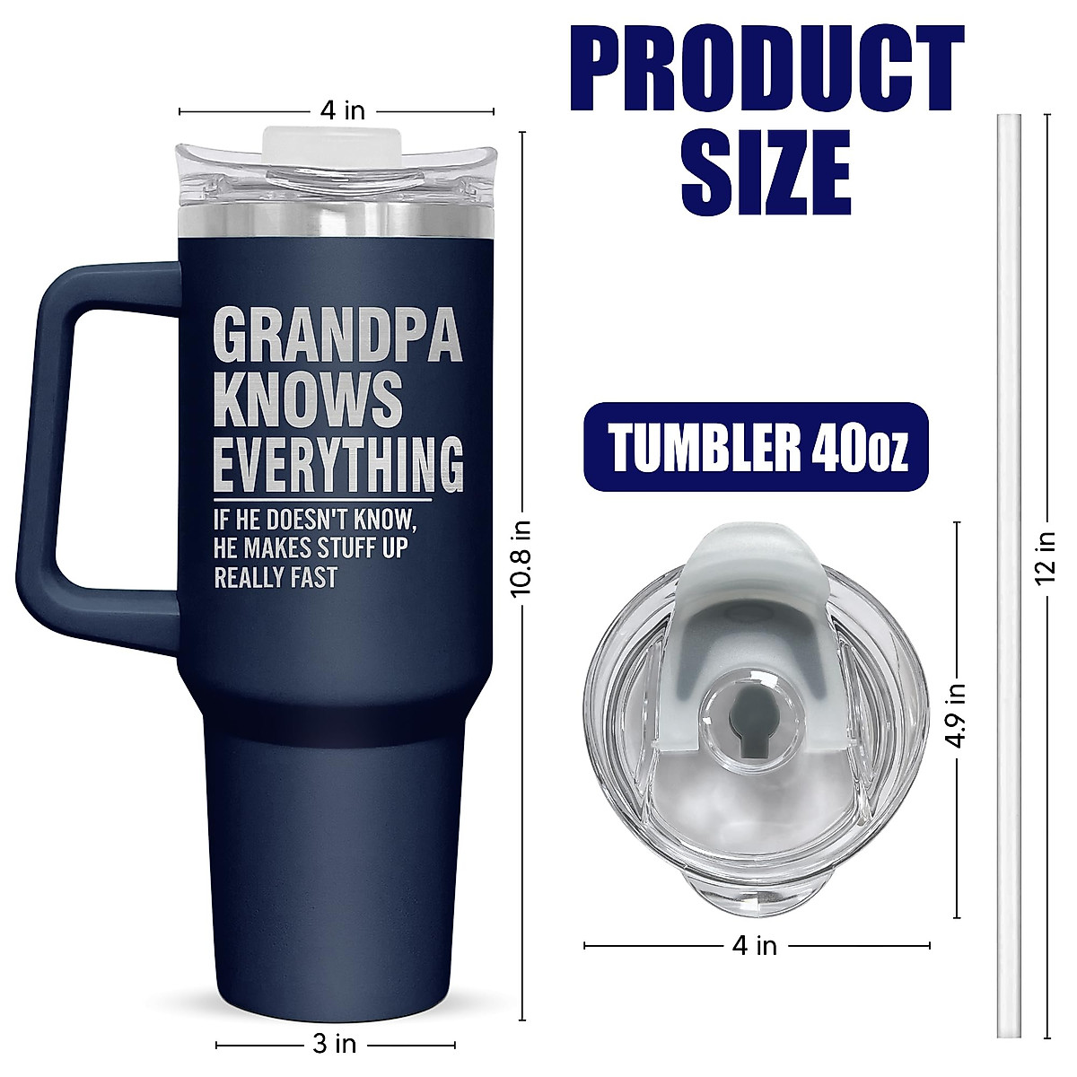 Palorix Grandpa Father's Day Gifts for Men - 40 oz Stainless Steel Insulated Tumbler with Handle and Straw - Father's Day Birthday Gifts for Grandfather Grandpa from Grandkids