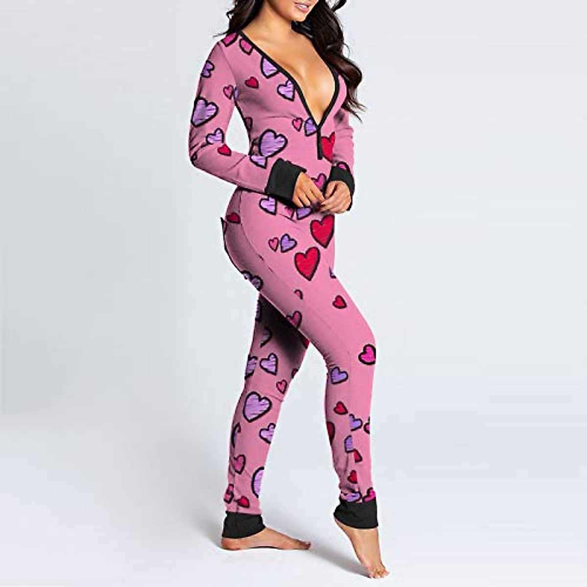Women's Sexy Deep V Neck Bodycon Jumpsuit Butt Flap Pajamas Long Sleeve Romper Overall Sleepwear S-3XL