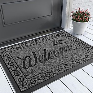 Yimobra Welcome Mat, Heavy Duty Durable Door Mats for Home Entrance Outdoor Indoor, Front Doormat for Outside Patio Floor Entry Porch Garage Office, Waterproof, Low Profile, 29.5 x 17, Black Grey