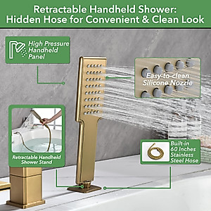 VANFOXLE Waterfall Bathtub Faucet Set with Hand Shower, 9 Inch Brushed Gold Deck Mount Roman Tub Filler Faucet