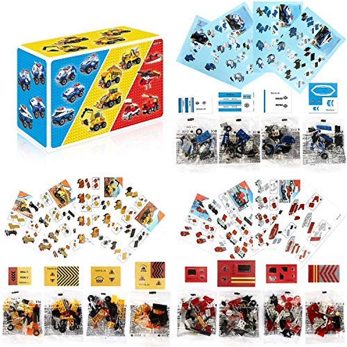 Mini Building Blocks Cars Toys Sets 12 Packs Assembly Mini Cars Toys for Boys, Girls Stem Building Car Assorted Construction Truck Fire Trucks Police Cars Party Favor Goodie Bags for Kids.