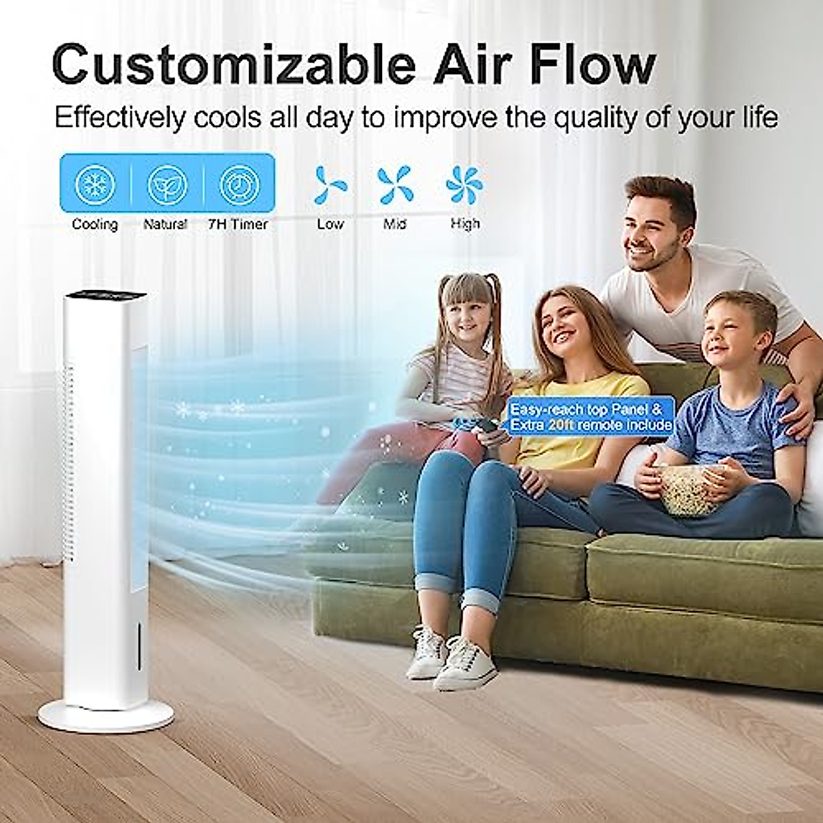 Cozzyben Air Conditioner no Window 35" Ice Tower Fan Blow Cold Air Ductless Evaporative Swamp Cooler Ventless Portable Standing Ac Unit with Water Tank, Ice Packs for Room Bedroom Indoor Home