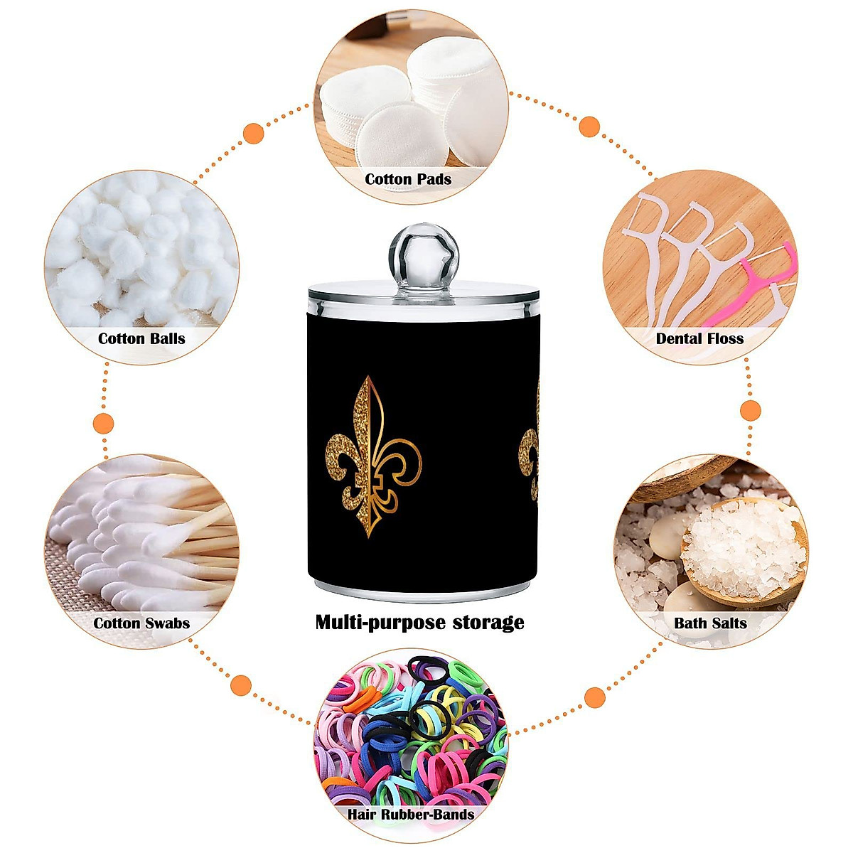 Quteprint 2 Pack Qtip Holder Dispenser, Gold Black Fleur De Lis Floral Clear Plastic Jar Bathroom Canister Storage for Cotton Swab, Cotton Ball, Floss Picks, Hair Clips, Makeup Sponges