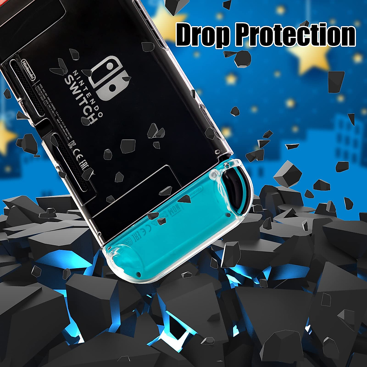 Switch Clear Case, Dockable Protective Hard Cover Case for Nintendo Switch and Soft TPU Grip Case for Joy-Con with Tempered Glass Screen Protector and Thumb Stick Caps (NOT for Switch OLED)