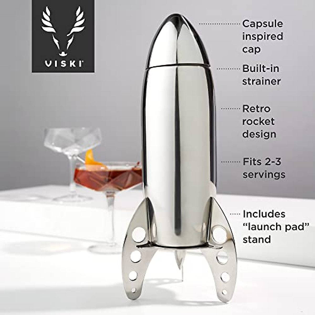 Viski Rocket Cocktail Shaker Bar Set, Margarita Drink Mixer, Professional Bartending Tools, Liquor Mixing Cup with Strainer Bartender Kit Gifts, Stainless Steel, 24oz