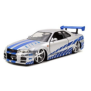 Jada Toys Fast & Furious Brian’s 2002 Nissan Skyline R34 Die-cast Car, 1:24 Scale, Silver & Blue