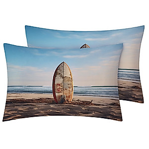 Surfboard Duvet Cover Oversized King Size, Coastal Beach Theme Bedding Set 3 Piece for Bedroom Decor, Summer Surfing Sport Duvet Cover & 2 Pillow Shams, with Zipper & Ties, Super Soft Microfiber