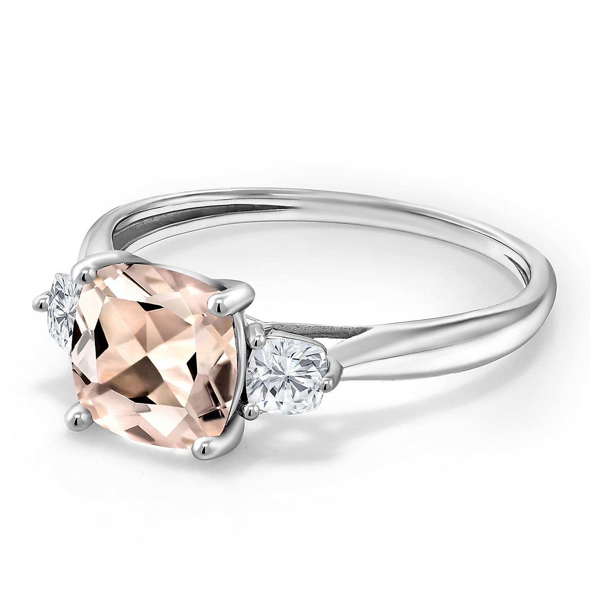 Gem Stone King 10K White Gold Peach Morganite and Forever Classic Moissanite 3 Stone Engagement Ring For Women (1.56 Cttw, Cushion 7MM, Gemstone October Birthstone) (Size 9)