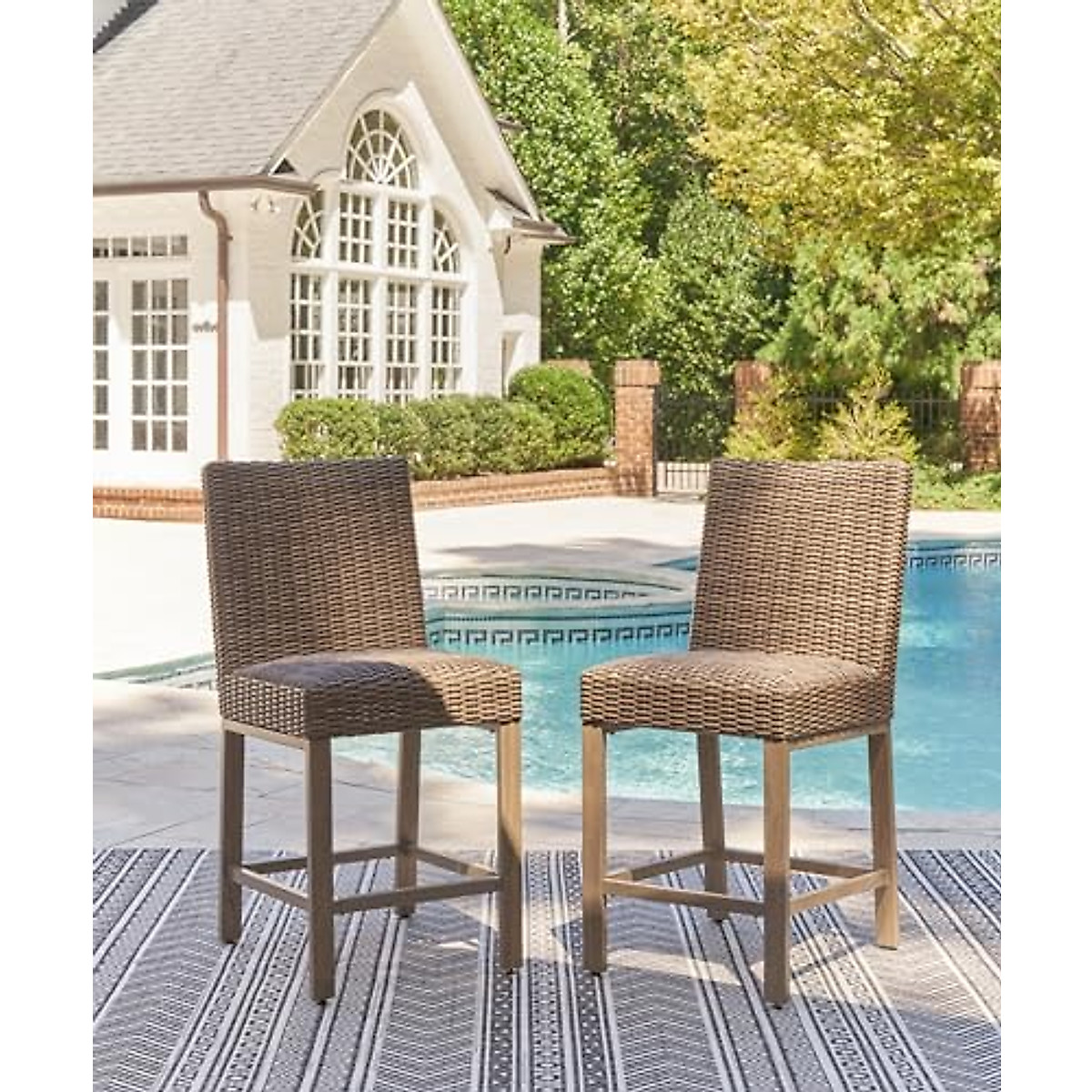 Signature Design by Ashley Walton Bridge Casual Weather Resistant Armless Cushioned Indoor/Outdoor Bar Stool with Cushioned Seat, Set of 2, Light Brown