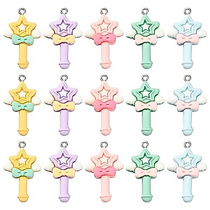 LiQunSweet 30 Pcs 5 Colors Opaque Resin Star Magic Stick Charms Magic Wand Fairy Tale Charms for Birthday Party Halloween Christmas Princess Cosplay