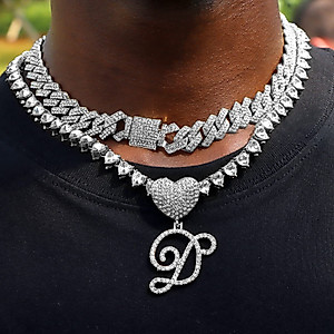 DLSIXNCO Silver Cuban Link Chain for Women Cursive Initial Layered Necklaces Heart Shape Bling Diamond Iced Out Pendant Necklace for Women 2PCS Hip Hop Chain Trendy Dainty Rapper Jewelry Gift, 16