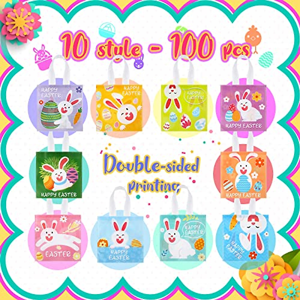 100 Pcs Easter Mini Gift Tote Bags for Kids Easter Small Baskets Bunny Non Woven Kraft Treat Goodie Eggs Bags with Handles for Easter Party Favors, Easter Egg Hunt