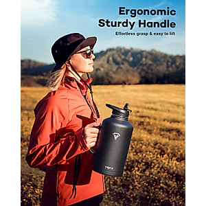 Topre Half Gallon Water Bottle with Straw and Lid, 64 oz Insulated Stainless Steel Jug with Handle,Reusable Metal Travel Flask Mug Cup With Carry Pouch and Brush,Keep Cold & Hot,Black