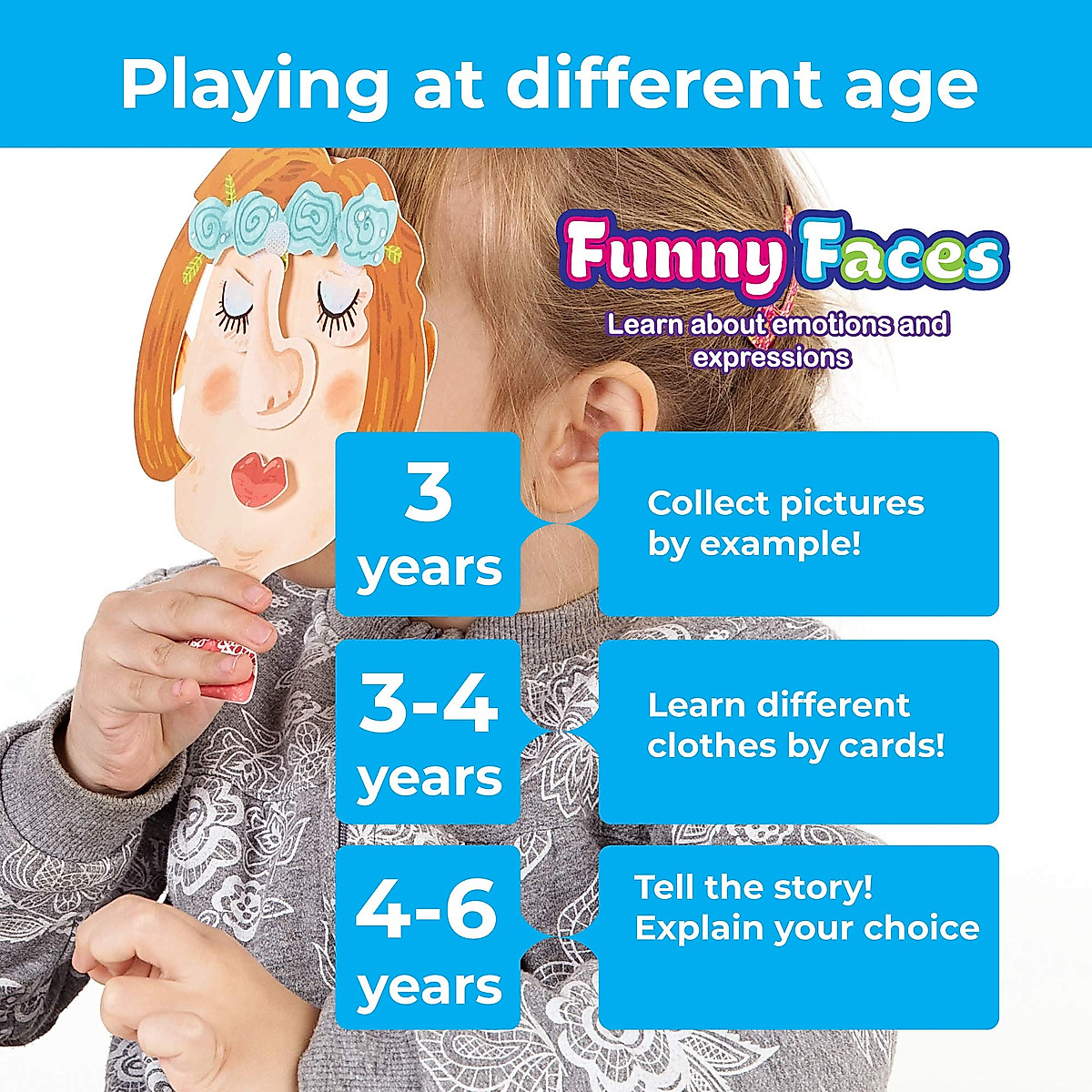 Funny Faces Games for 3+ Year olds Girls, Board Games for Toddler Age 3-5, 58 Piece - Kids Memory Matching Game for 2 to 4 Players, Crafts for Kids, Preschool Activities, Speech Therapy Materials