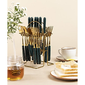 MGeezz Abstract Forest Green Ceramic Golden Stainless Steel Cutlery Set of 24 with Spoons, Forks & Knives with Stand Marble Design Handle with Exquisite Pattern Sets