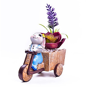 Cute Little White Rabbit Cycling Flower Pot with Drainer Garden Flower Pot Resin Succulent Potted Bonsai Plant Stand Home Desk Mini Ornaments Without Plants
